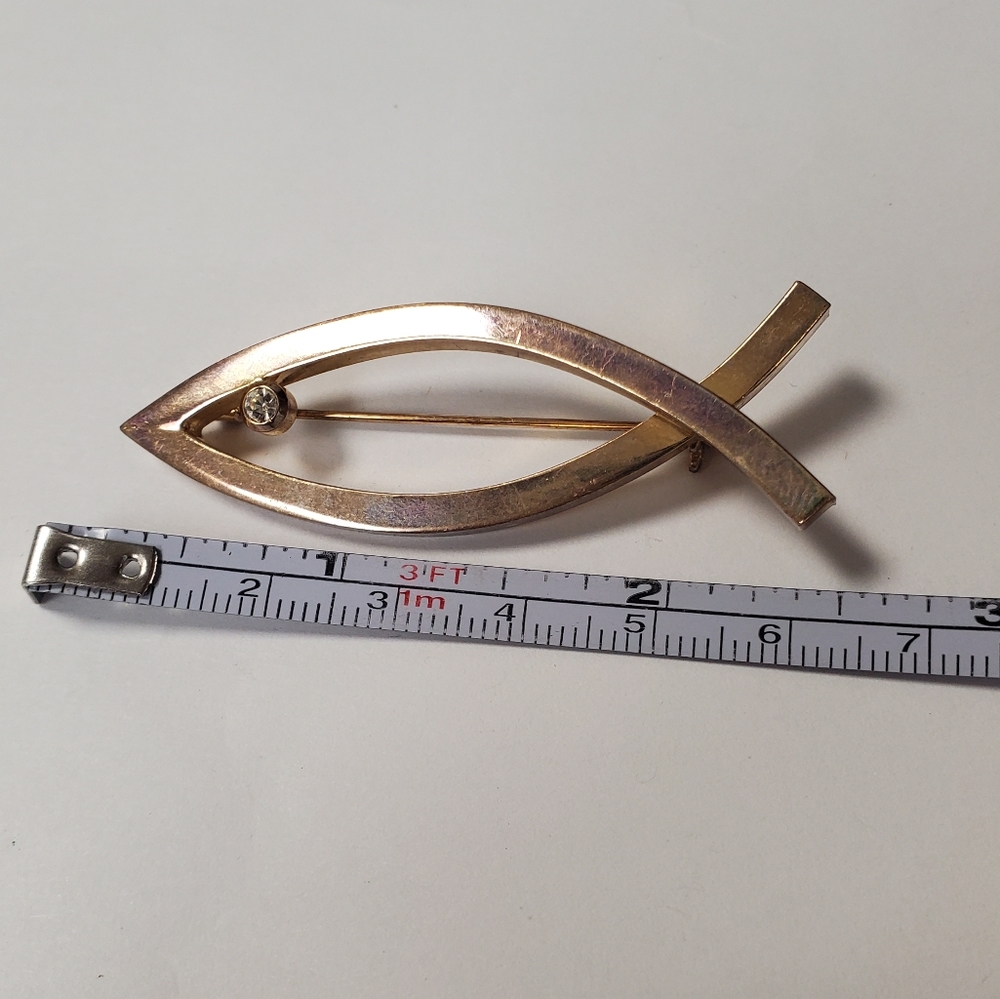 Ichthys Jesus Fish Gold Tone Vintage Pin, With Rhines… - Gem